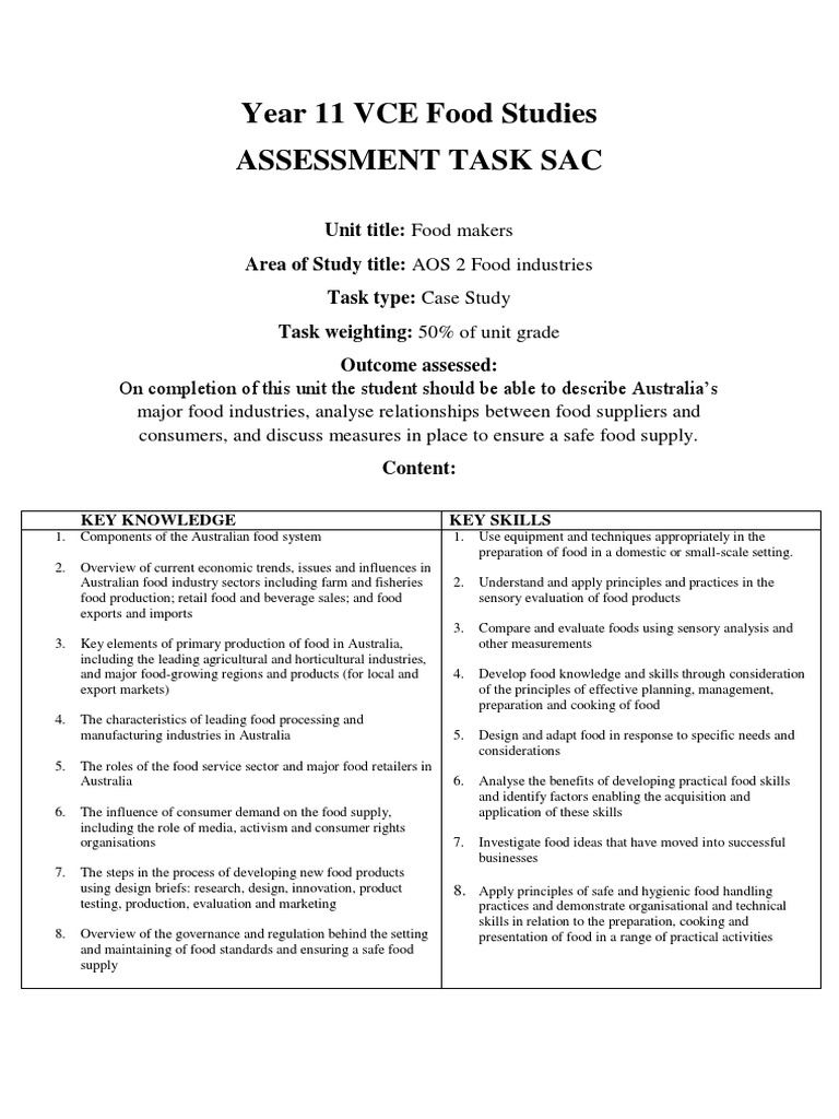 VCE Food Studies Unit 1 & 2 Assessment | PDF | Foods | Food Industry