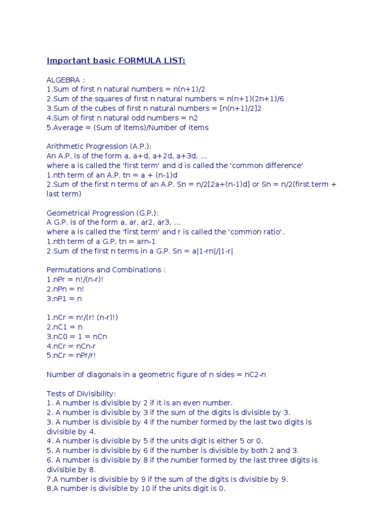 Important Basic FORMULA LIST | PDF | Area | Fraction (Mathematics)