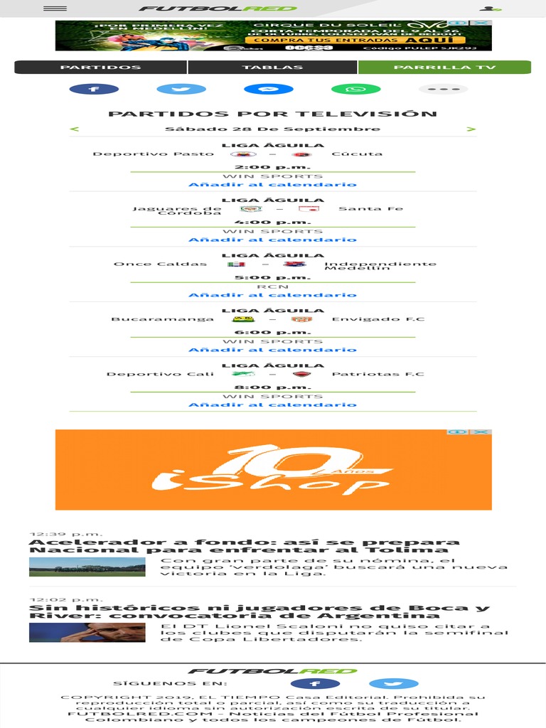 Toda la programación de Partidos de Fútbol por Tv - Futbolred | Clubes ...