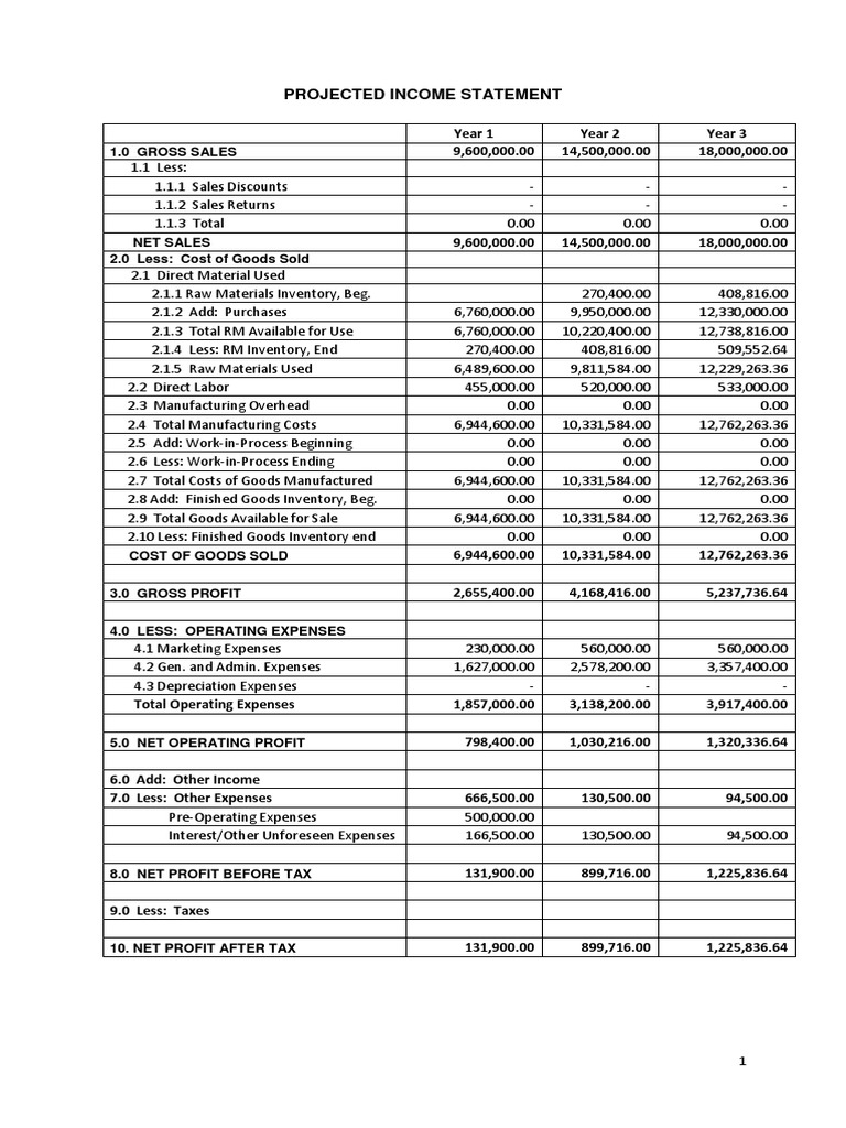 Projected Income Statement 1 0 Gross Sales PDF Book Value Cost 