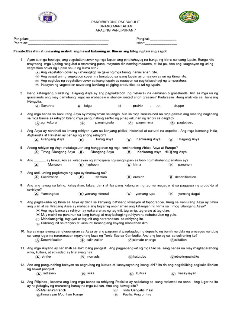 First Periodical Exam AP Grade 7