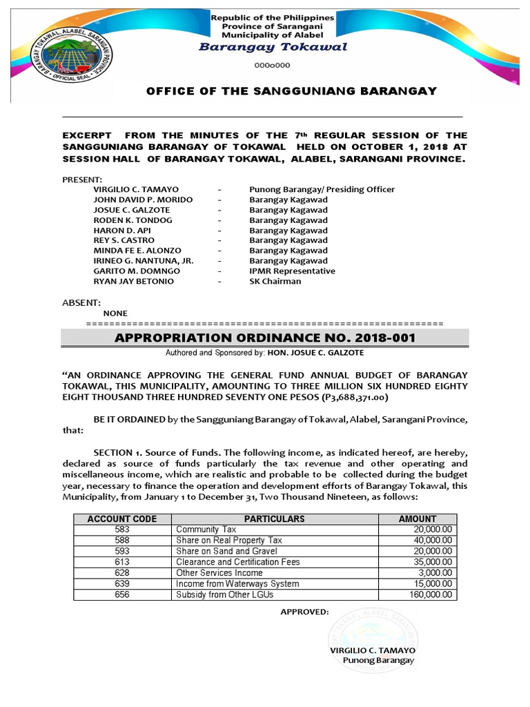 Office of The Sangguniang Barangay: Appropriation Ordinance No. 2018 ...