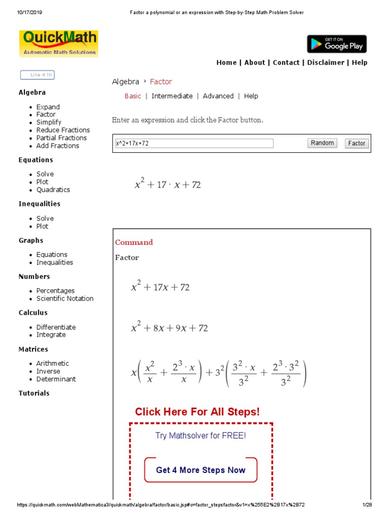 Factor A Polynomial or An Expression With Step-By-Step Math Problem Solver | PDF | Factorization ...