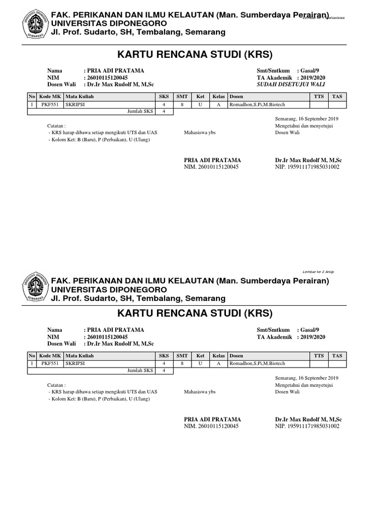 Kartu Rencana Studi (KRS) : No Kode MK Mata Kuliah SKS SMT Ket Kelas Dosen TTS TAS | PDF