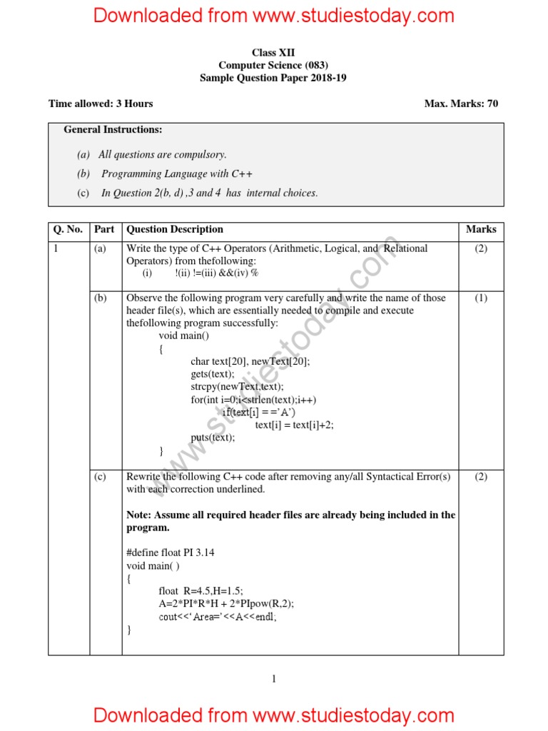Sample Question Paper 2018-19 Computer Science (083 | PDF | Array Data ...
