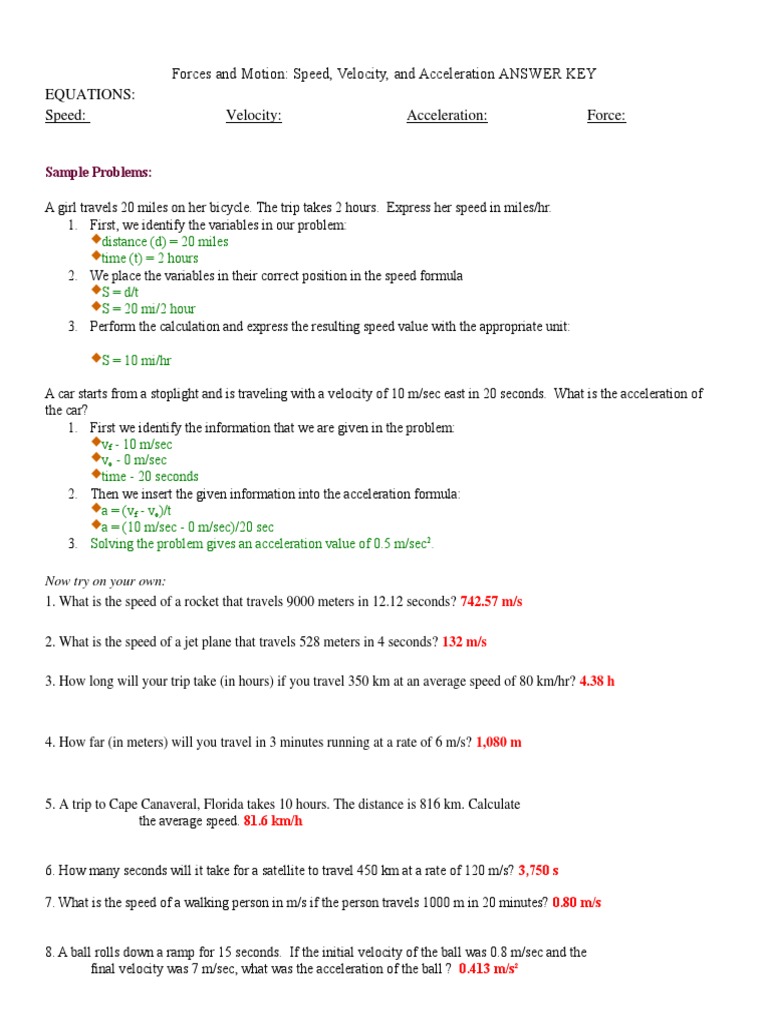 Forces and Motion: Speed, Velocity, and Acceleration ANSWER KEY ...