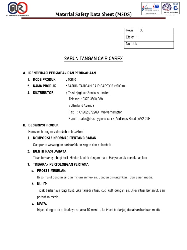 MSDS Hand Soap Carex | PDF