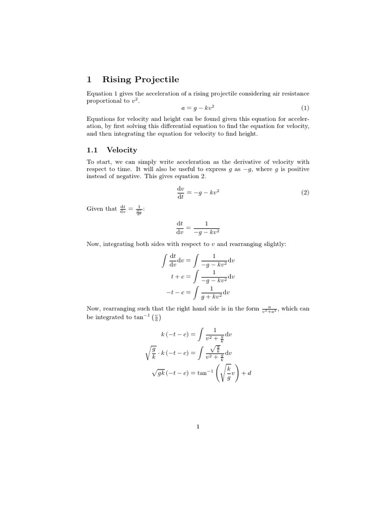 Projectile Motion With Quadratic Air Resistance | PDF | Mechanics ...