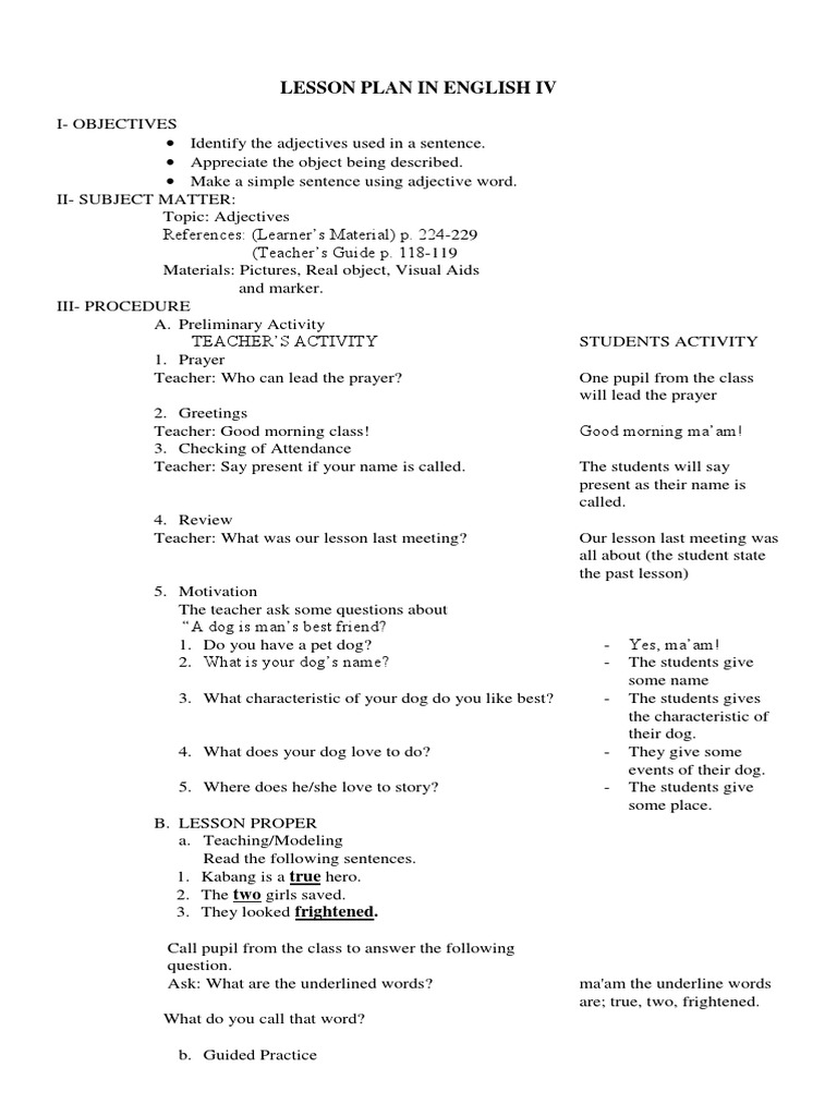 Lesson Plan in English | PDF | Lesson Plan | Adjective