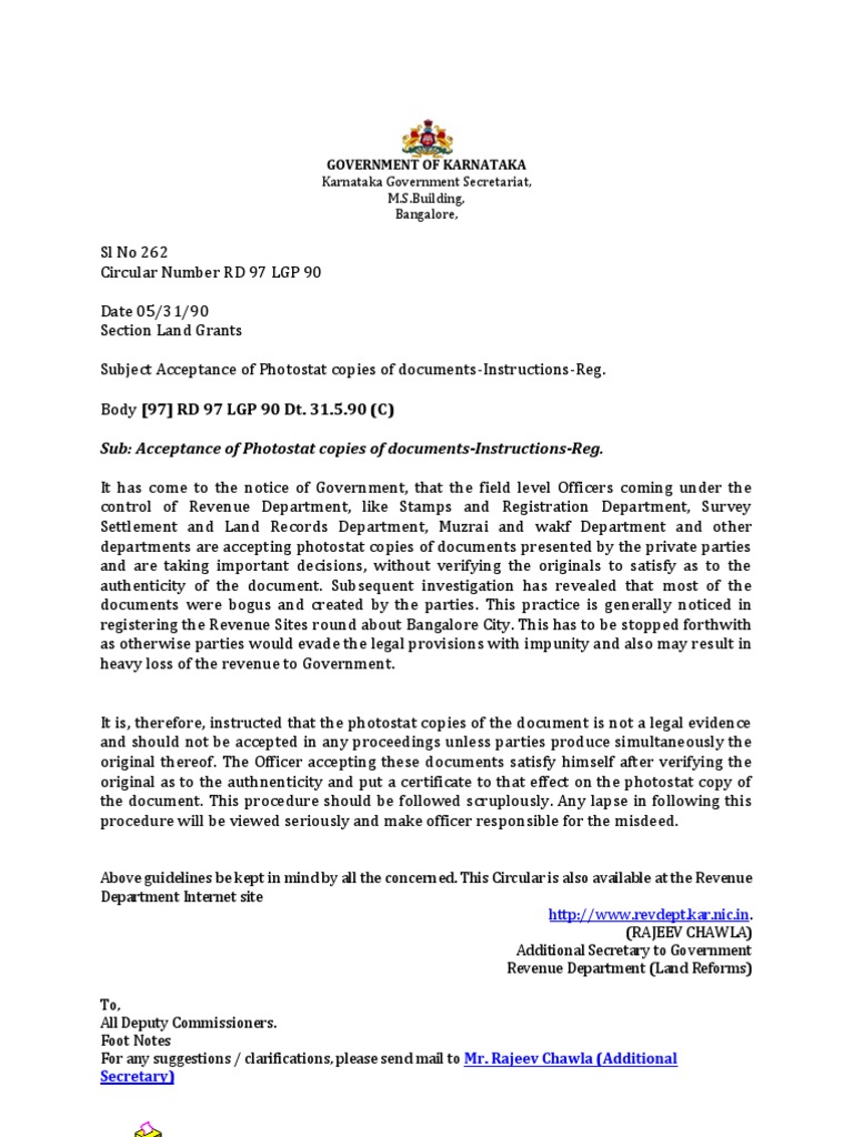 Karnataka Govt Circular On Care To Be Taken in Accepting Photostat ...