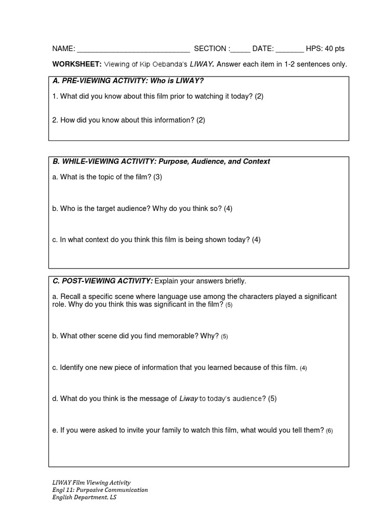 A. Pre-Viewing Activity: Who Is Liway?: Worksheet | PDF