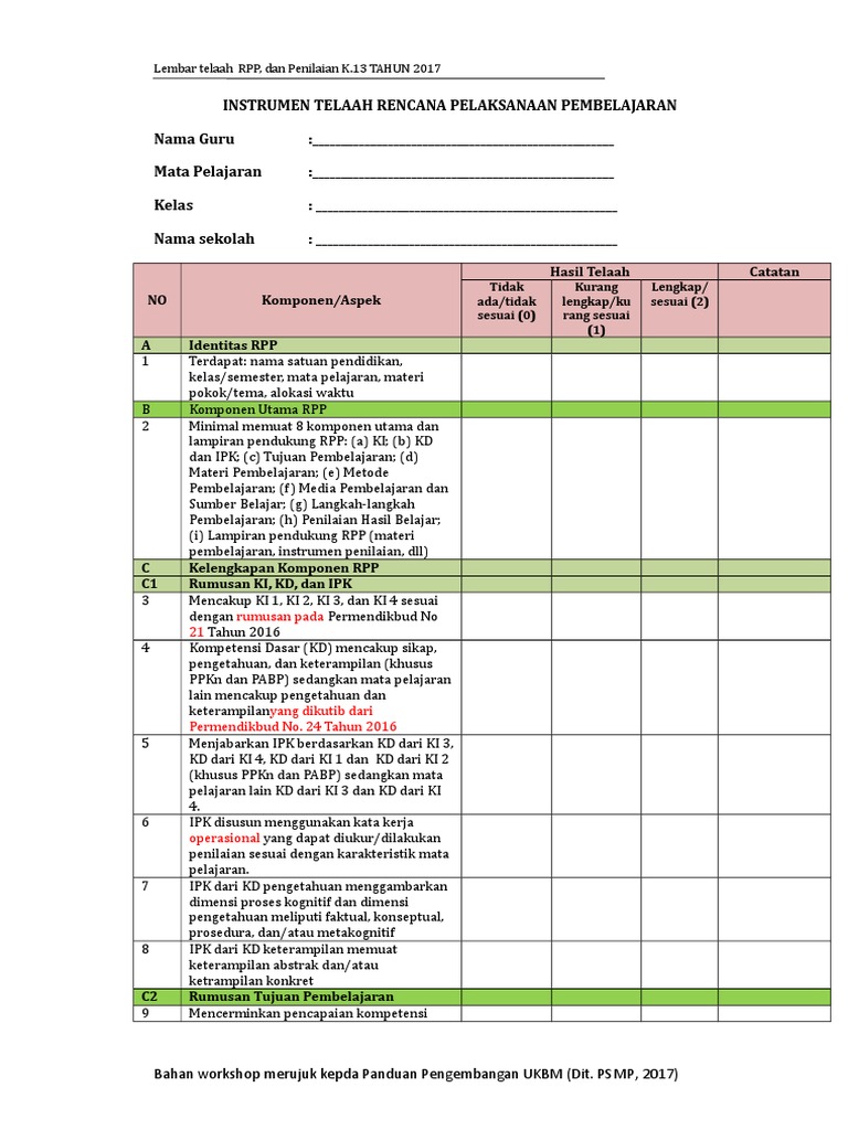 5 Lembar Telaah RPP & Penilaian | PDF
