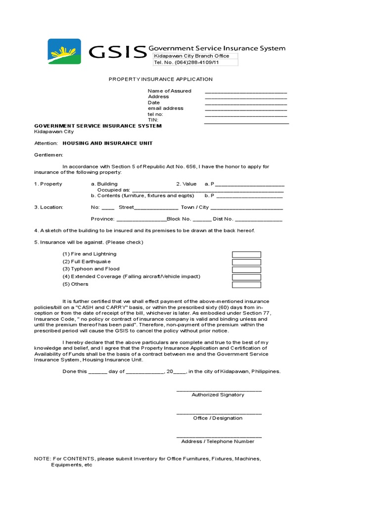 GSIS Property Insurance Form1 | Download Free PDF | Property Insurance ...