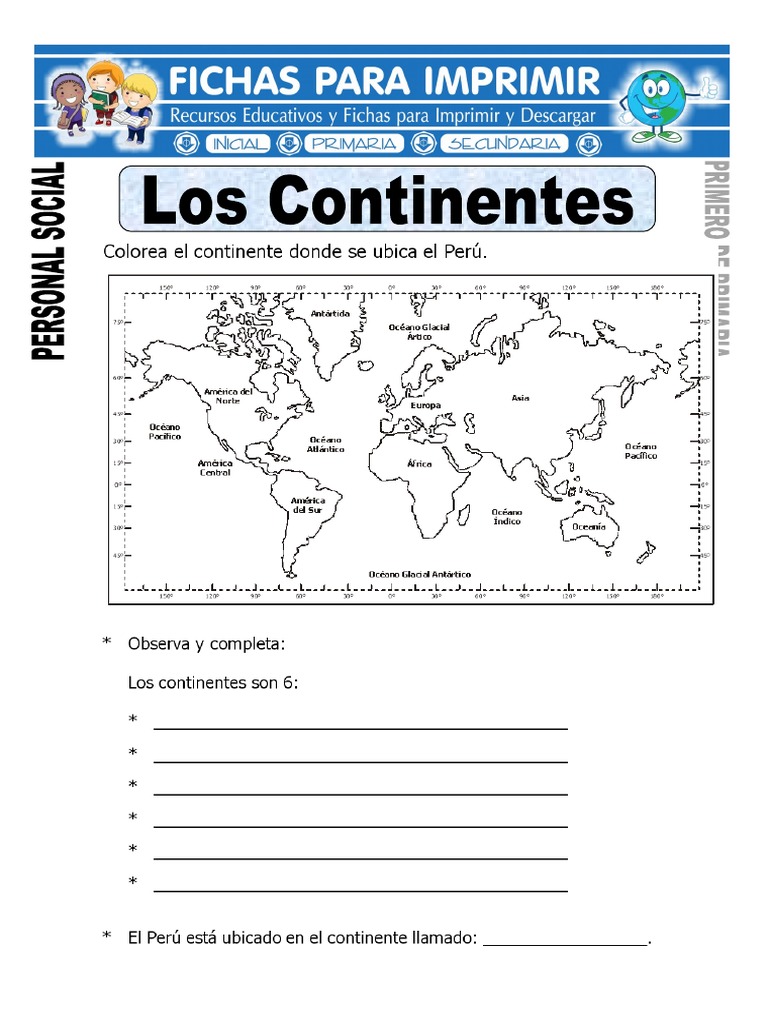 Ficha de Los Continentes para Primero de Primaria | PDF
