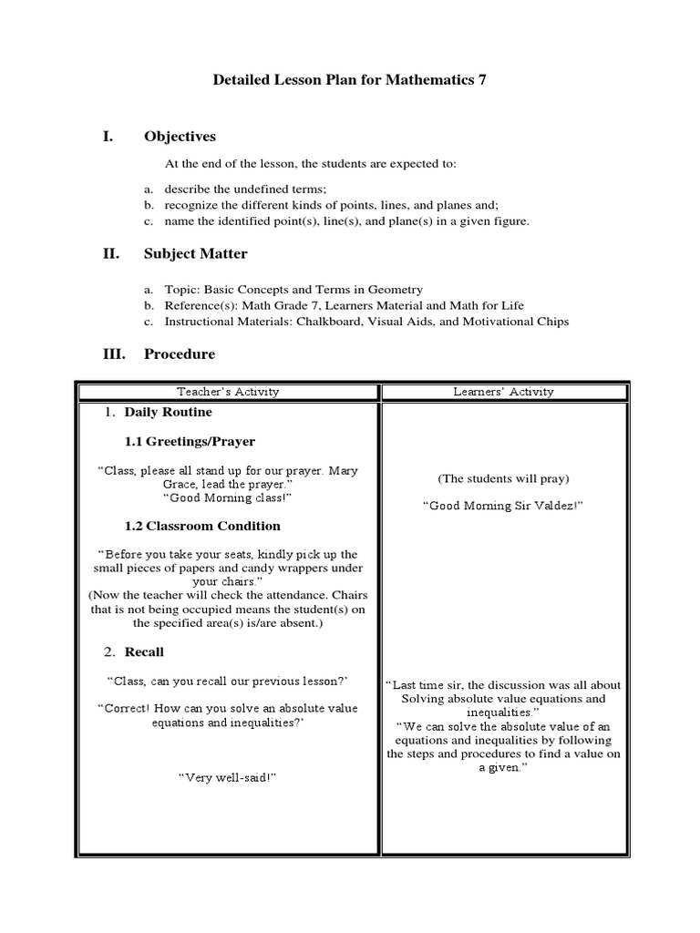 Detailed Lesson Plan For Mathematics 7 | PDF | Lesson Plan | Area
