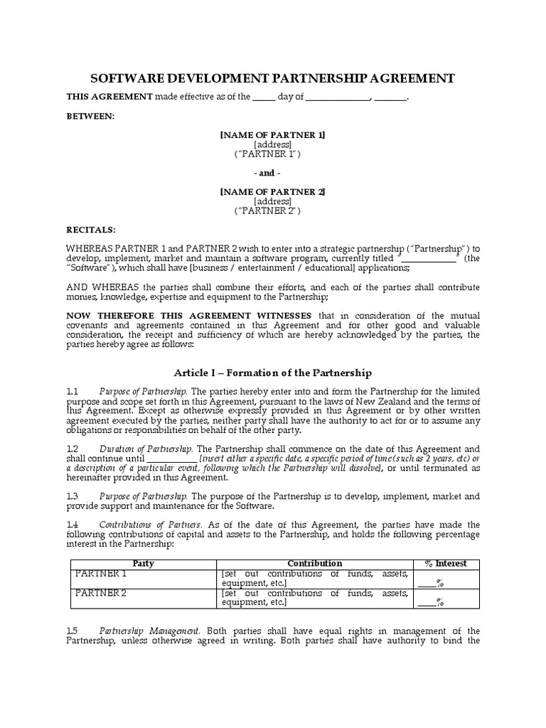 Software Development Partnership Agreement: Article I - Formation of ...