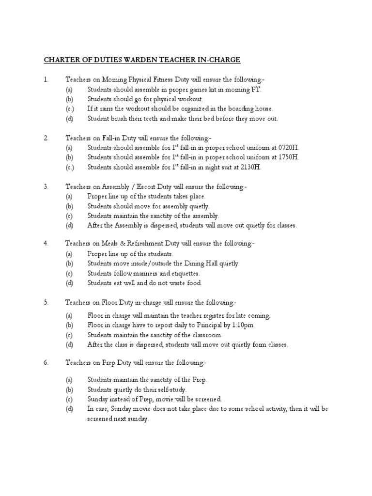 Charter of Duties Warden Teacher | PDF | Learning
