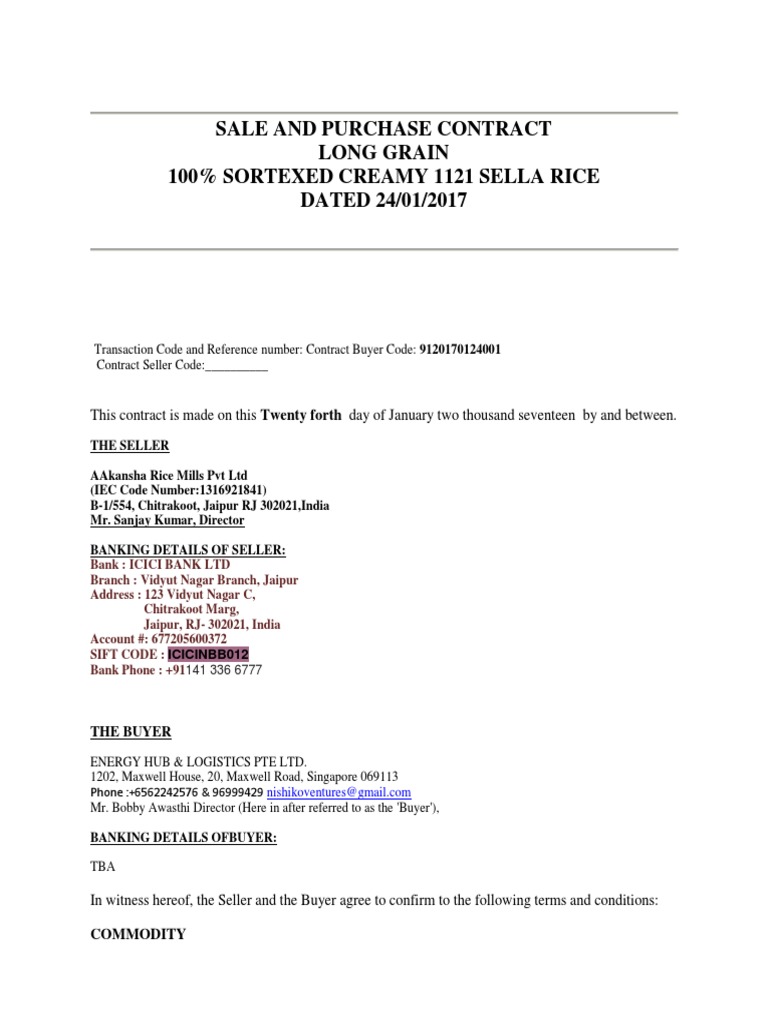 Draft Agreement For Long Grain Indian Creamy Pusa Sella 1121 Rice | PDF ...