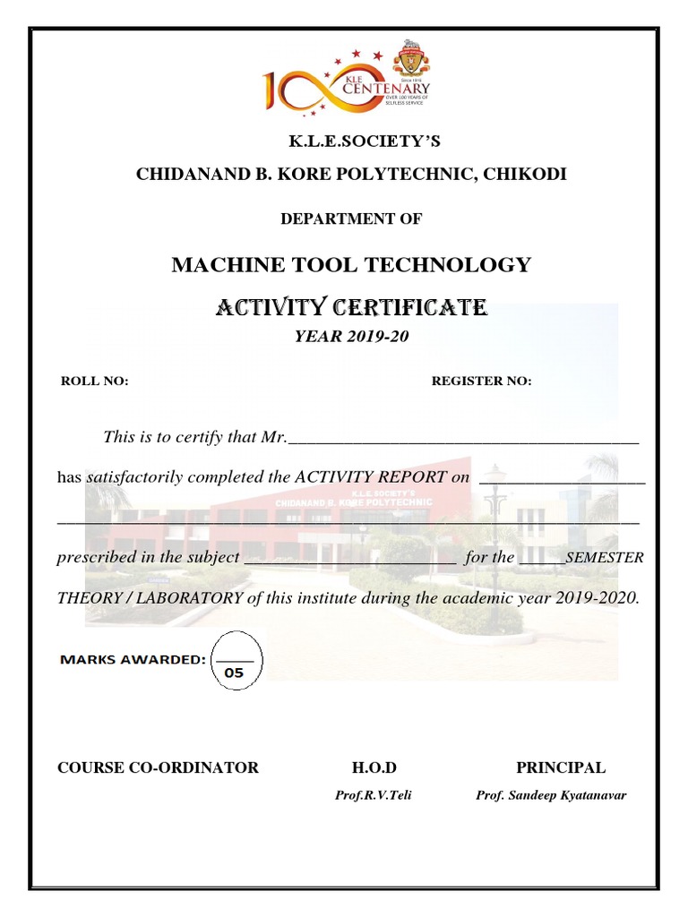 Activity Certificate 2019-20: Machine Tool Tech | PDF