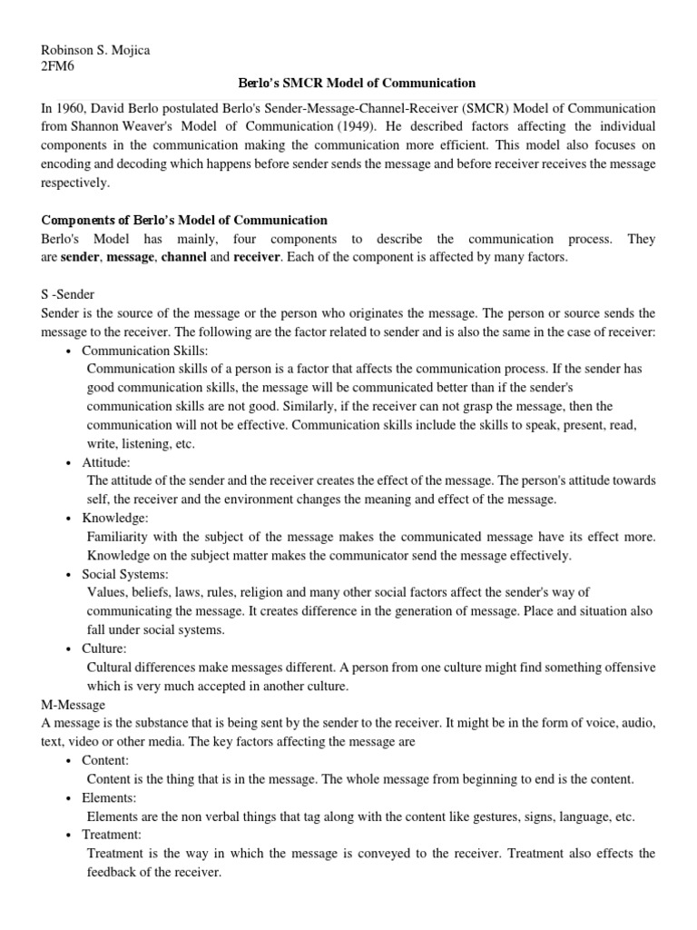 Berlo's SMCR Model of Communication | PDF | Nonverbal Communication ...