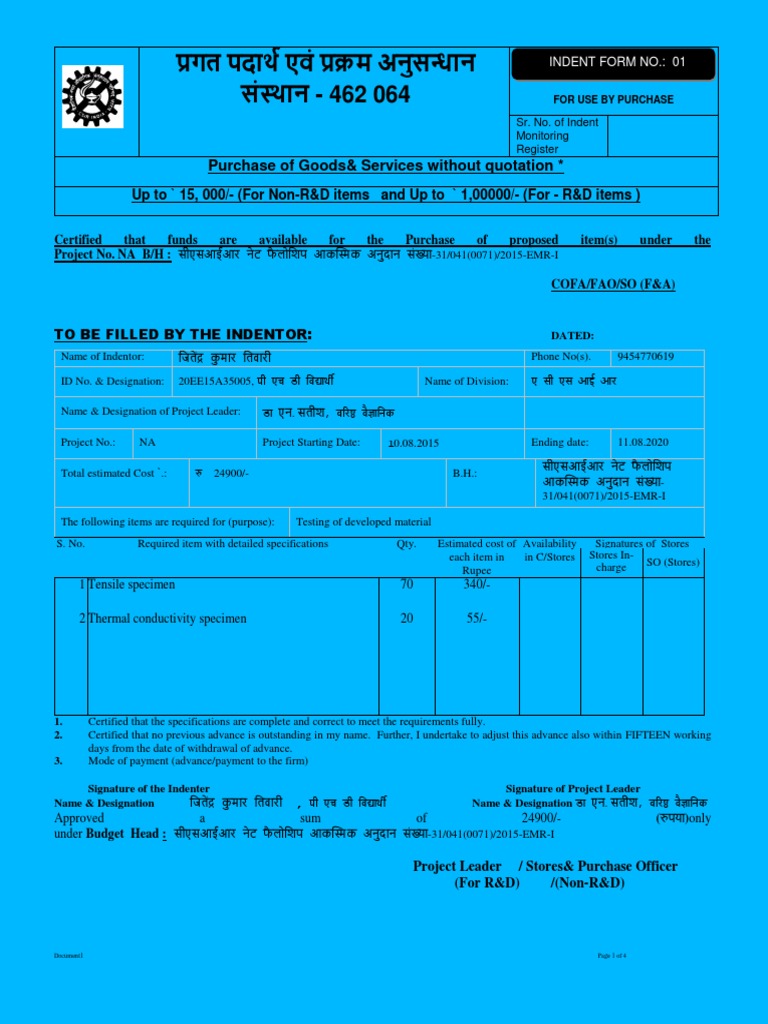 Indent For Purchase A Material | PDF | Invoice | Payments