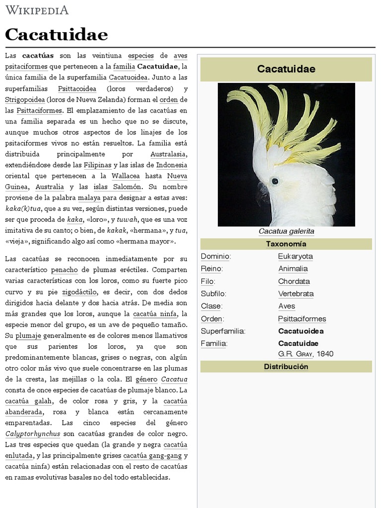 Cacatuidae - Wikipedia, La Enciclopedia Libre | PDF | Loro | Aves