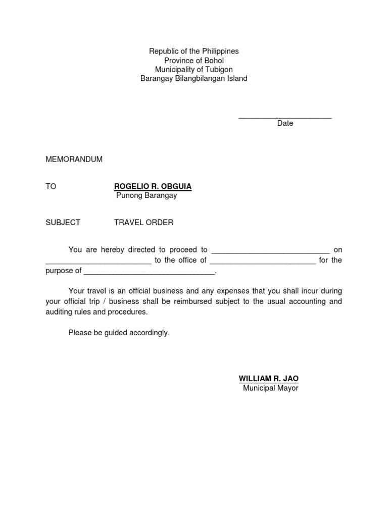 Travel Order Form | PDF | Philippines | Government