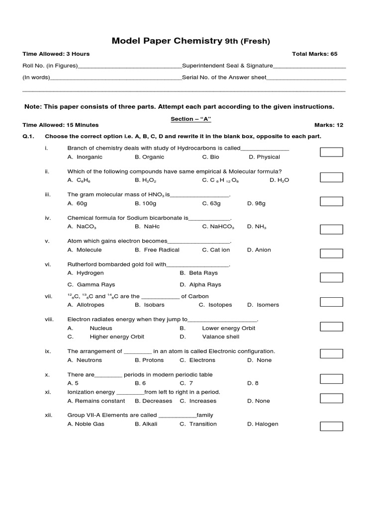 Class 9 Chemistry Model Paper 2025 | PDF | Molecules | Atoms