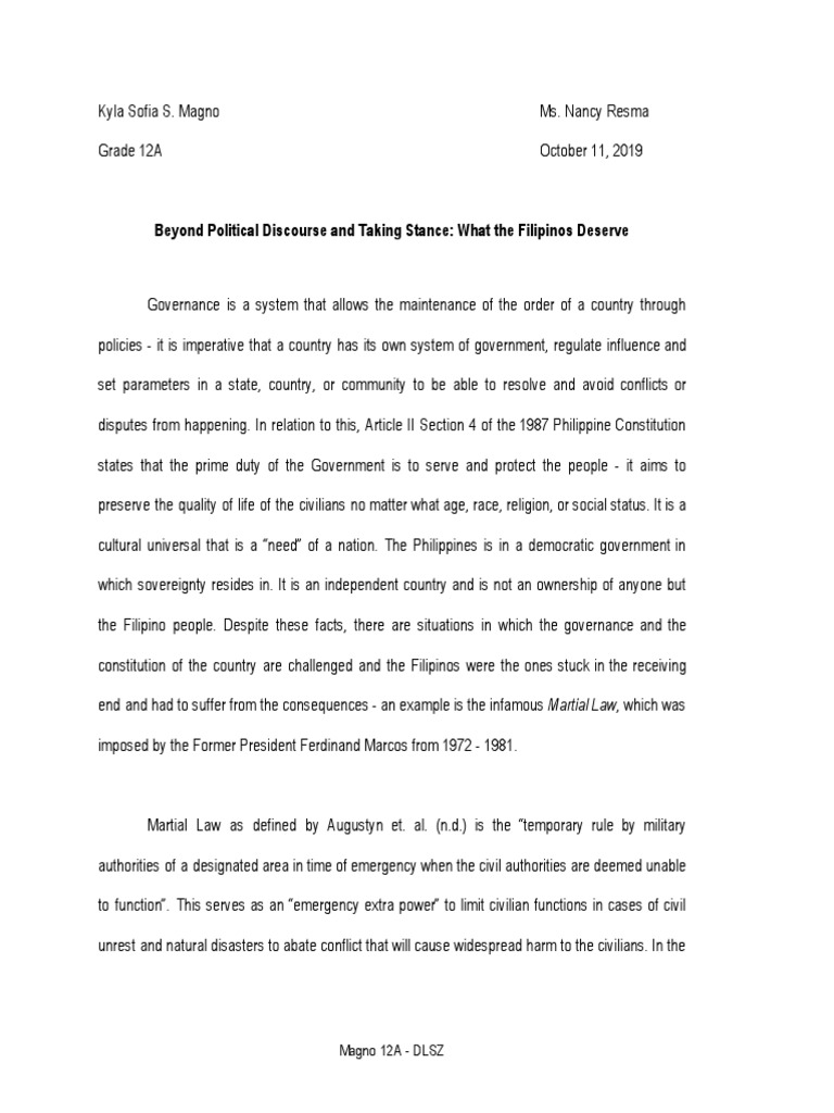 UCSP Martial Law Position Paper Philippines President Of The