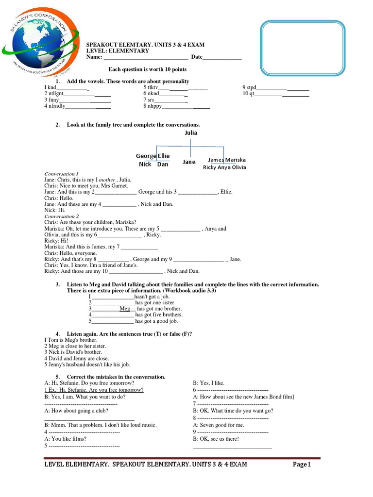 Speakout Elementary. Units 3 & 4 Exam | PDF
