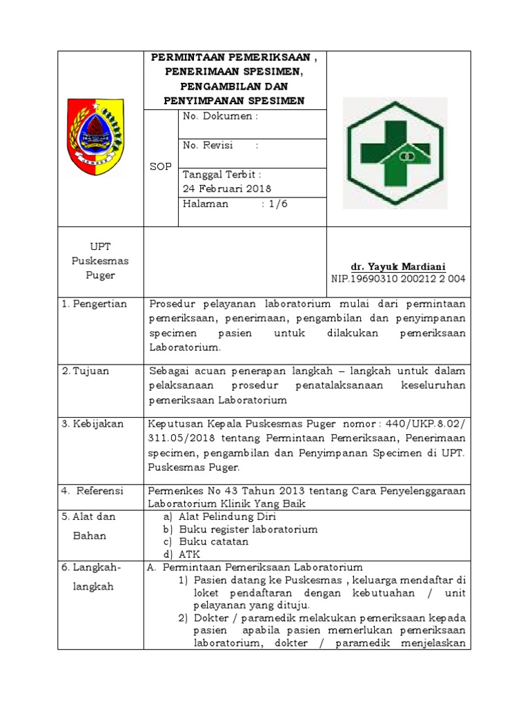 8.1.2.2 Sop Permintaan Pemeriksaan, Penerimaan Spesimen, Pengambilan Dan Penyimpanan Spesimen | PDF