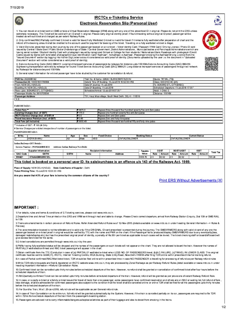 IRCTC Ticket | PDF