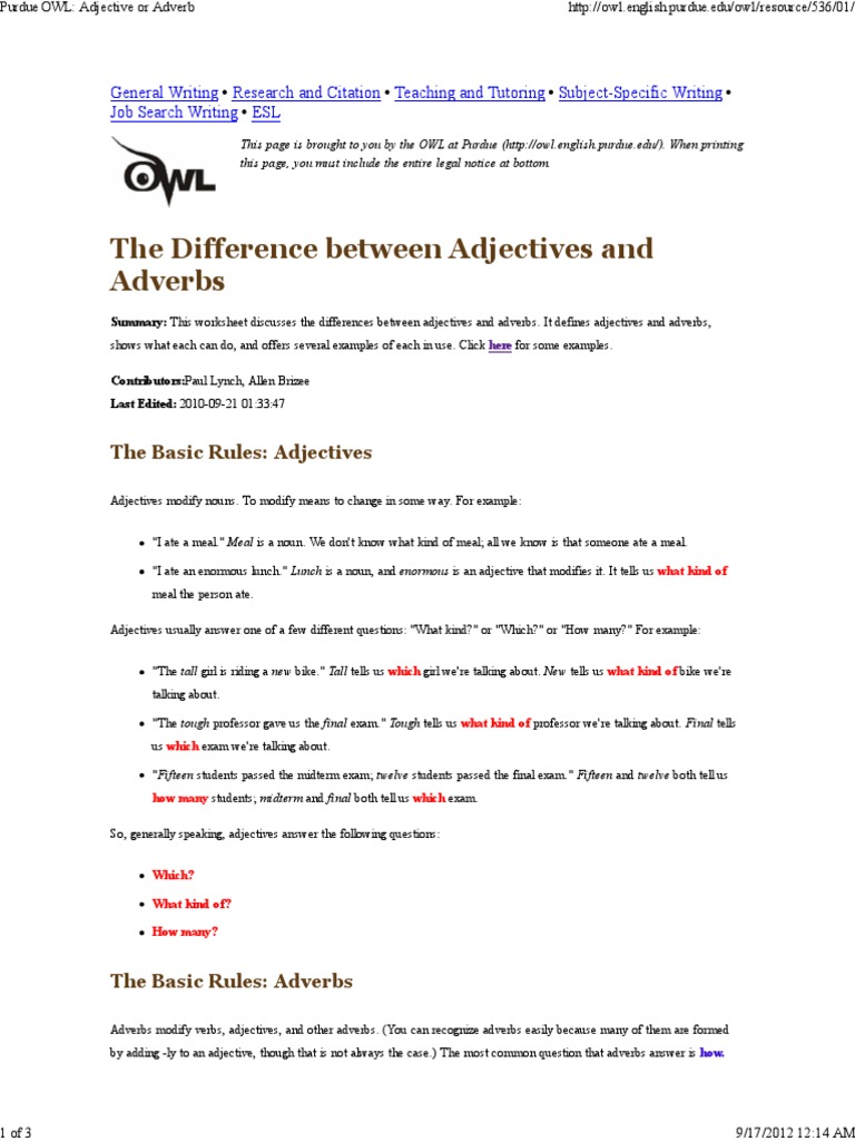 The Difference Between Adjectives and Adverbs | PDF | Adverb | Adjective