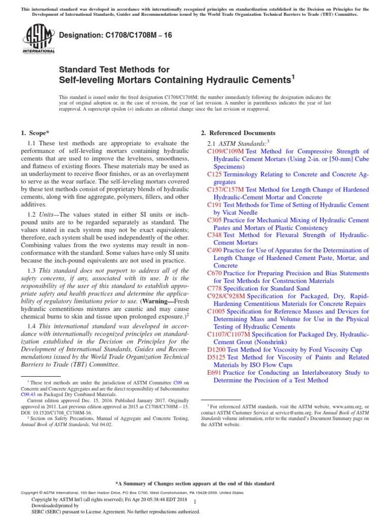 ASTM C1708 Self-Leveling Mortars Containing Hydraulic Cements | PDF ...