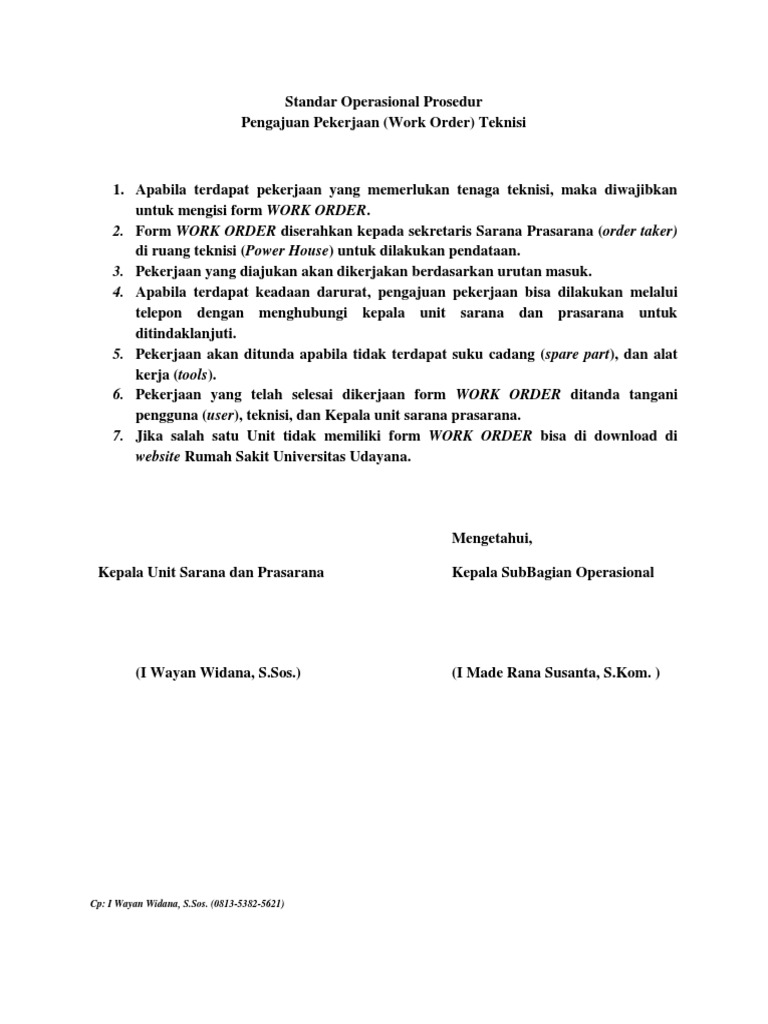 Standar Operasional Prosedur WORK ORDER | PDF