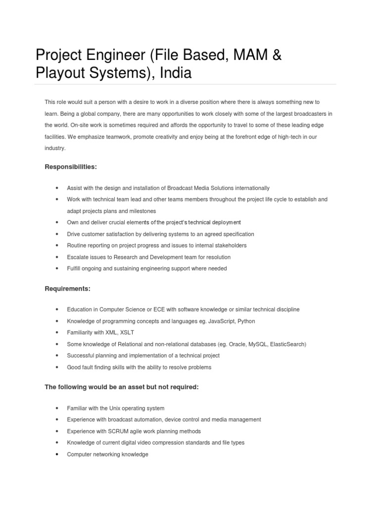JobDescription Project Engineer (India) | PDF | Computers