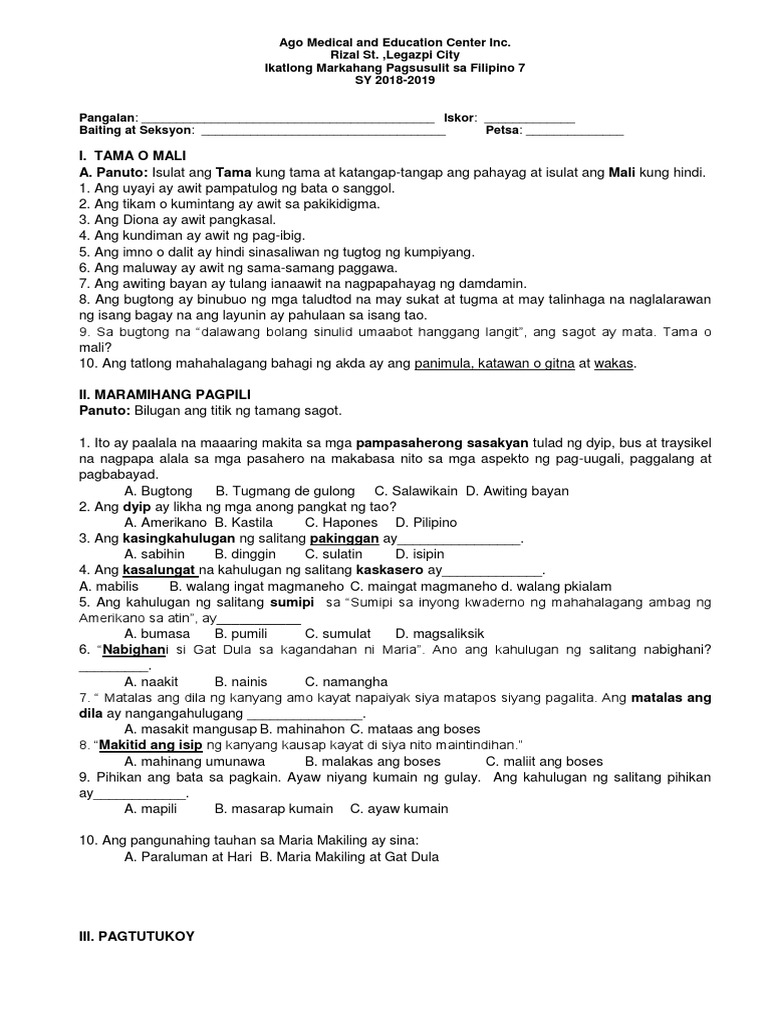 3rd Quarter Exam Sa Filipino 10 | PDF