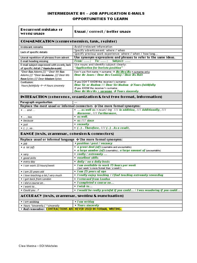 Intermediate B1 - Job Application E-Mails Opportunities To Learn | PDF ...