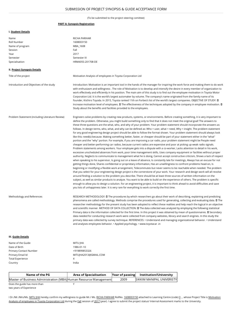 Submission of Project Synopsis & Guide Acceptance Form | PDF | Motivation | Motivational