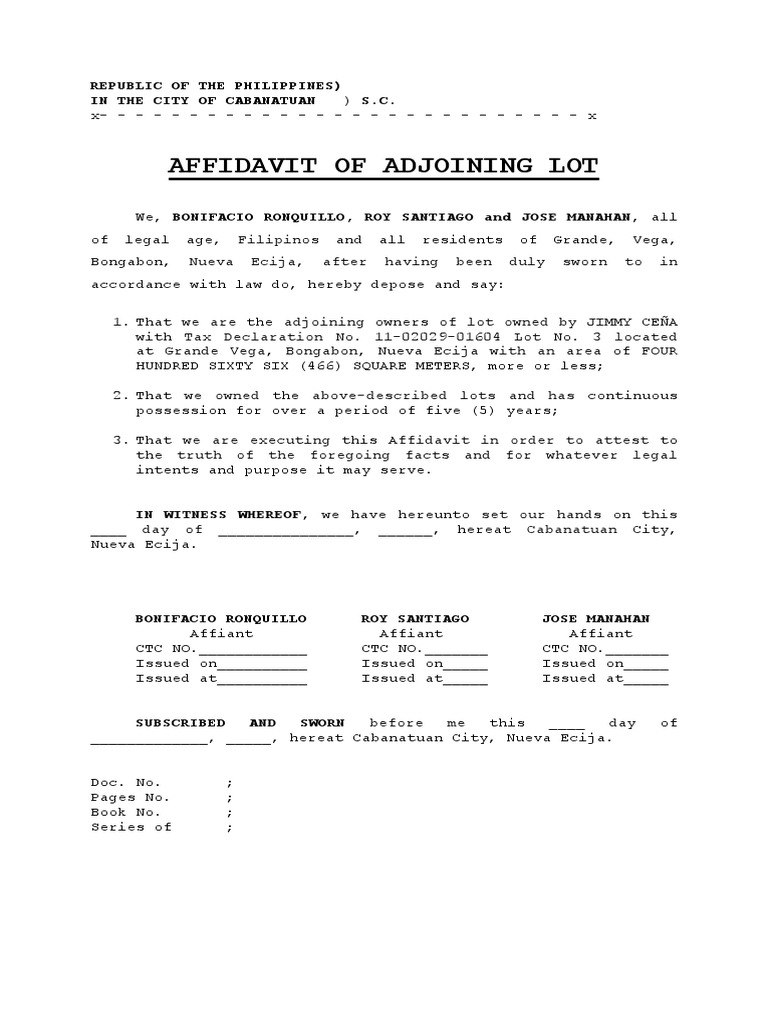 Affidavit of Adjoining Lot Owners | PDF | Finance & Money Management | Law