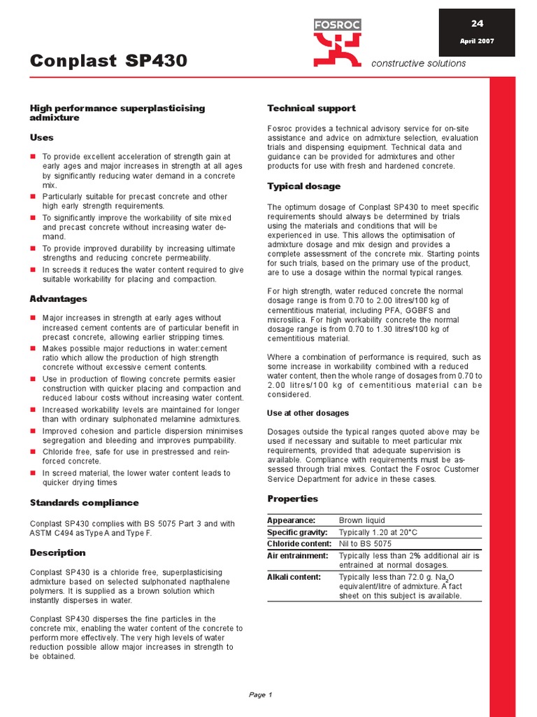 Conplast SP430 0407 | PDF | Concrete | Cement