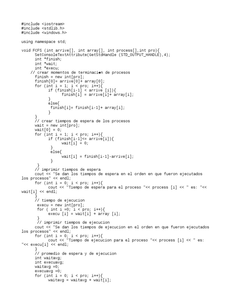 Planificacion FCFS SJC RR | PDF | Paradigmas de programación | C