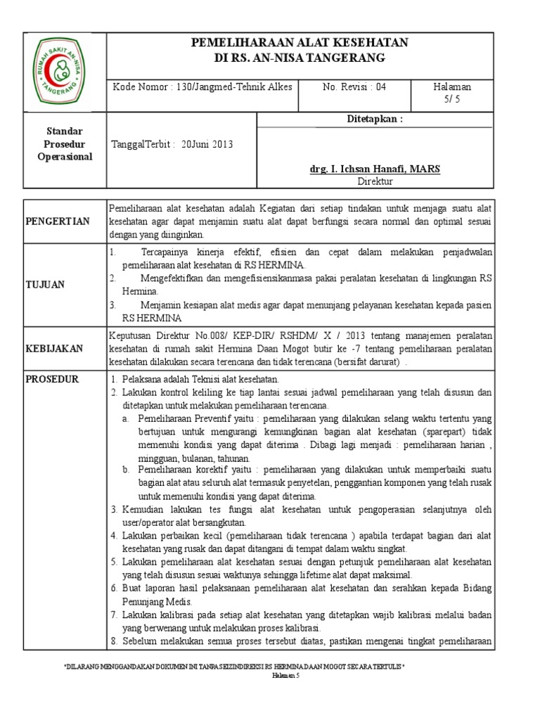 Sop Pemeliharaan Alkes | PDF