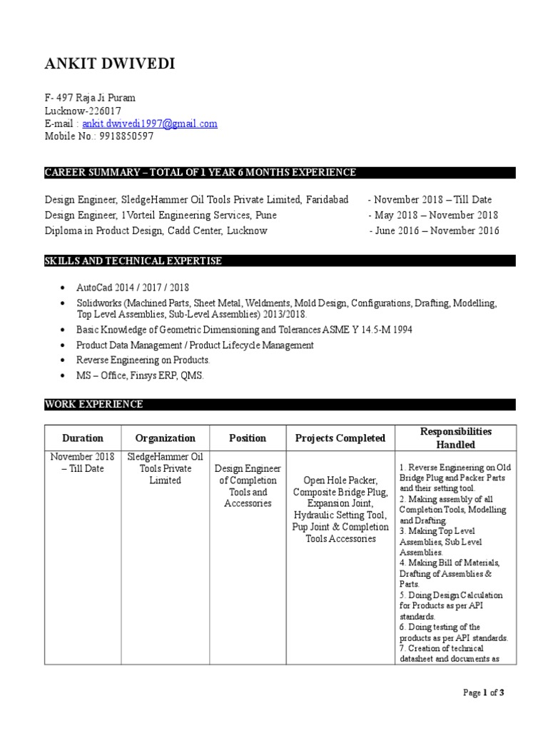 Ankit Dwivedi: Career Summary - Total of 1 Year 6 Months Experience | PDF | Sheet Metal ...