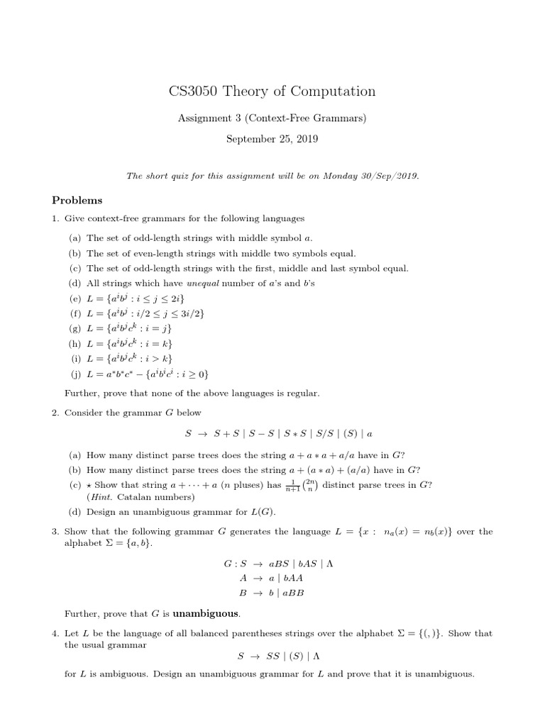 CS3050 Theory of Computation: Assignment 3 (Context-Free Grammars) September 25, 2019 | PDF ...