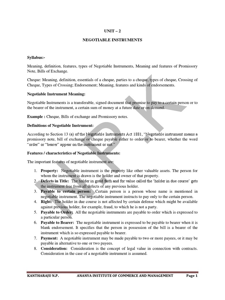 Unit - 2 Negotiable Instruments: Kantharaju N.P. Ananya Institute of Commerce and Management ...