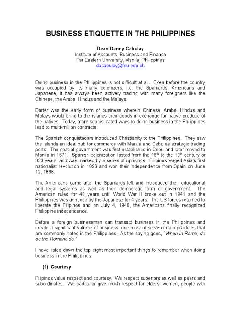 Business Etiquette in The Philippines: Dean Danny Cabulay | PDF ...
