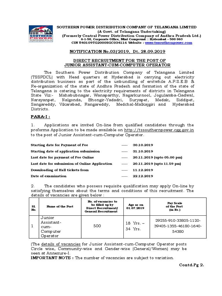 TSSPDCL Junior Assistant Notification 2025 | PDF | Test (Assessment ...