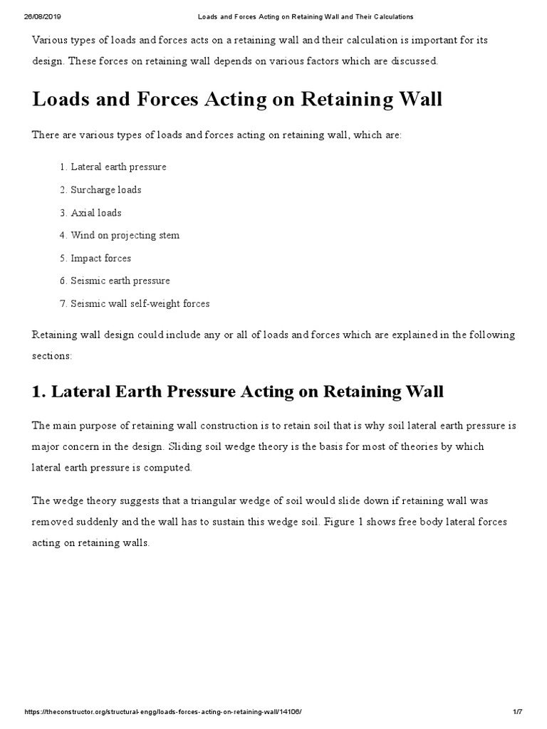 Loads and Forces Acting On Retaining Wall and Their Calculations | PDF ...