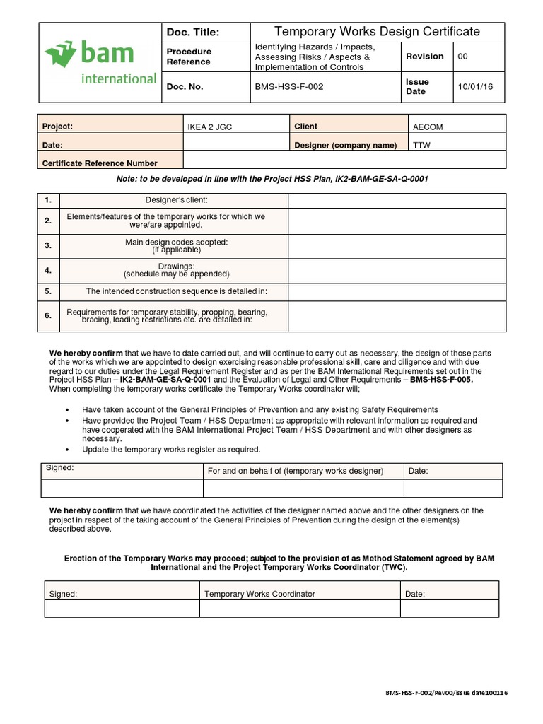 Temporary Works Design Certificate: Doc. Title | PDF | Social ...